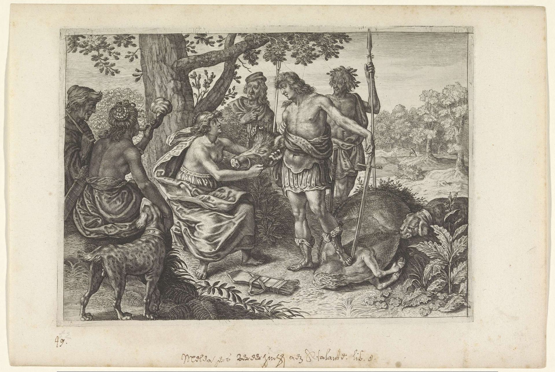 Meleager geeft de kop van het Caledonische zwijn aan Atalanta ...
