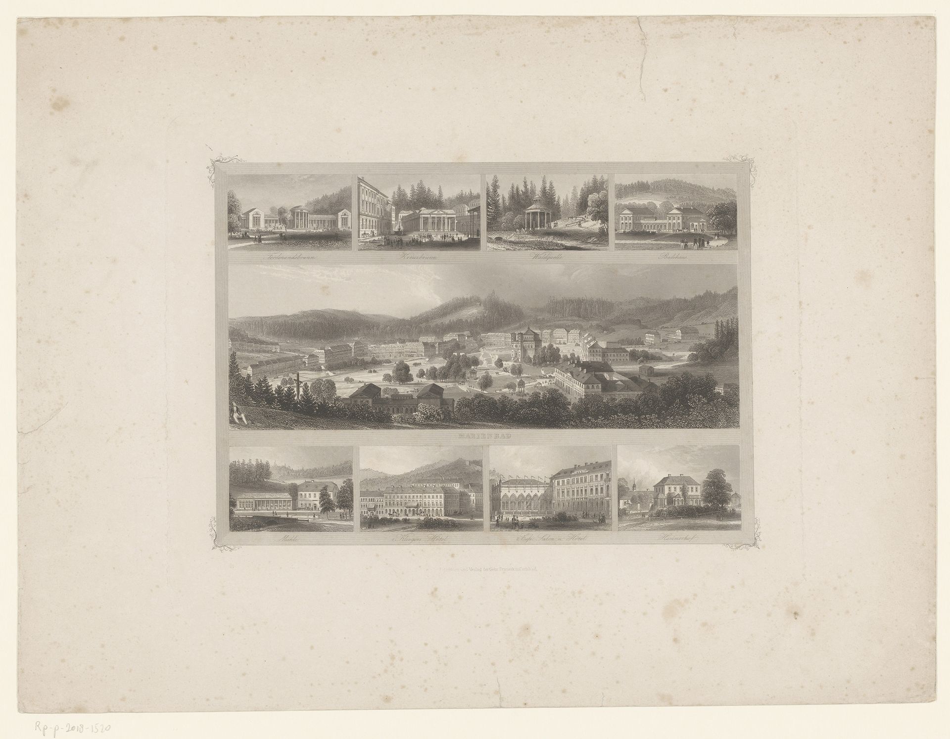 Gezicht op Mariënbad met acht gezichten op voorname gebouwen in de stad ...