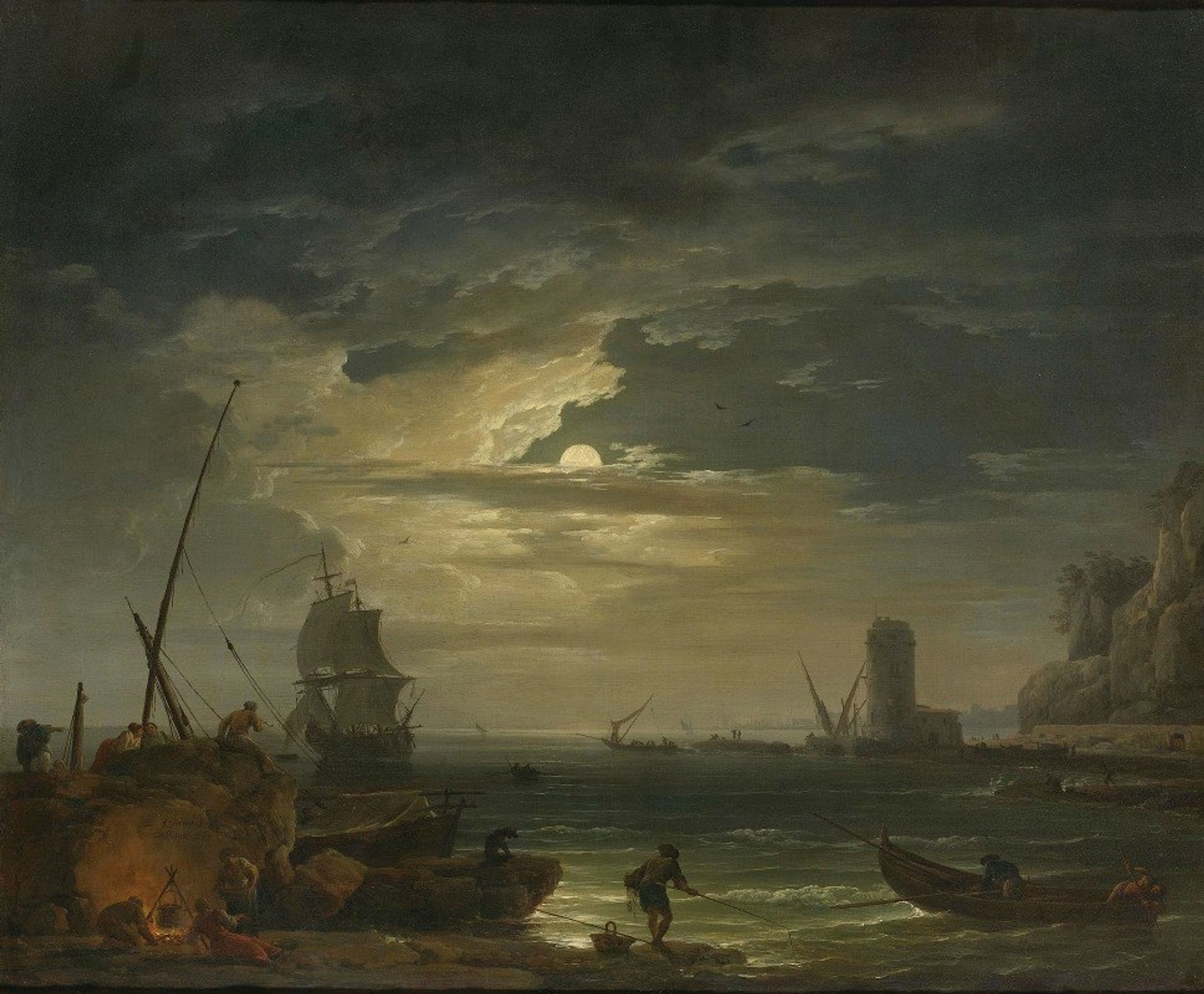 A Mediterranean Inlet By Moonlight - Claude-Joseph Vernet | Artera