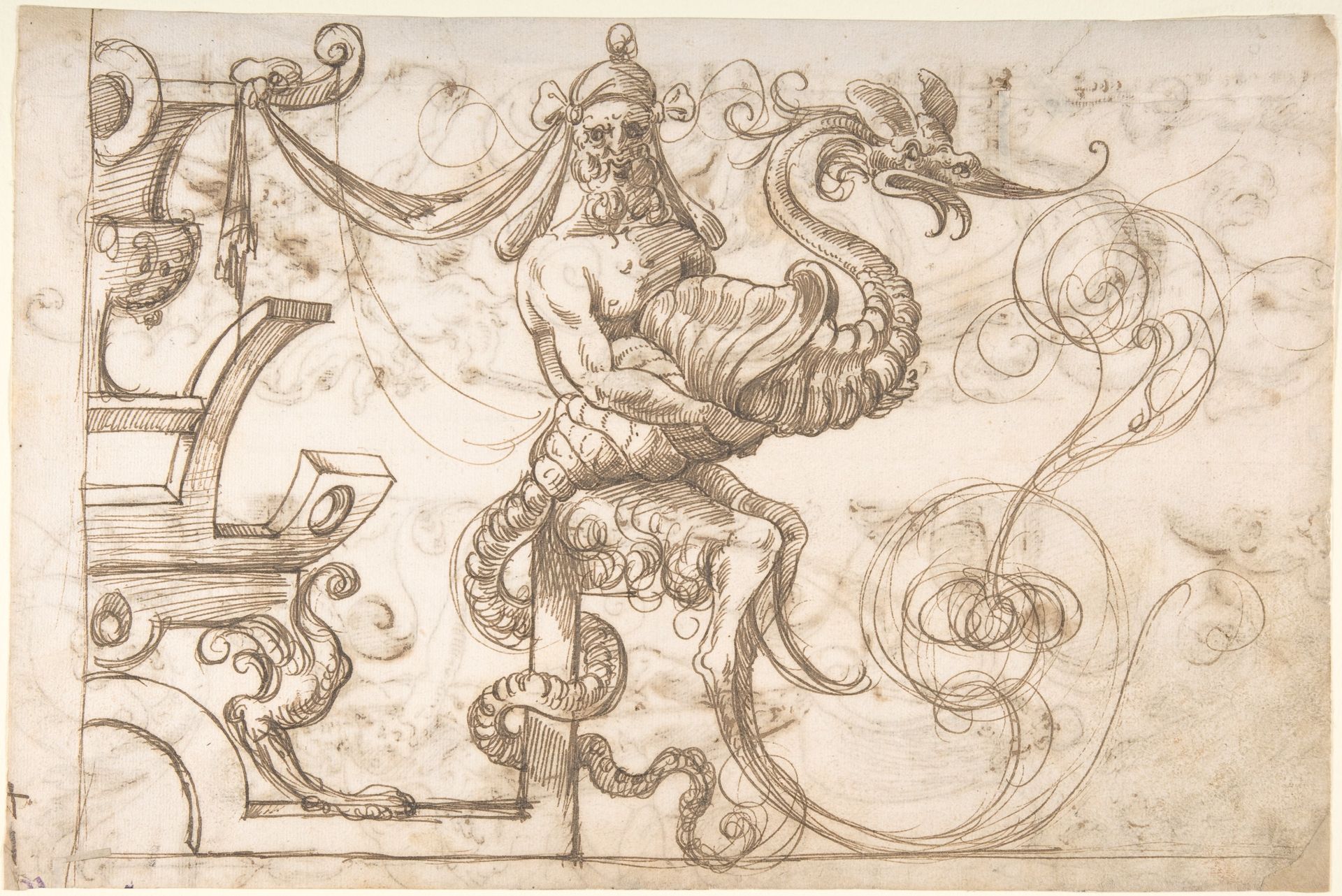 Satyr holding a fantastical creature (recto); Two candelabra grotesques ...